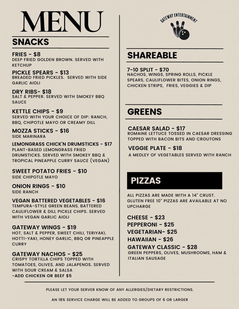 Gateway Lanes | Menu