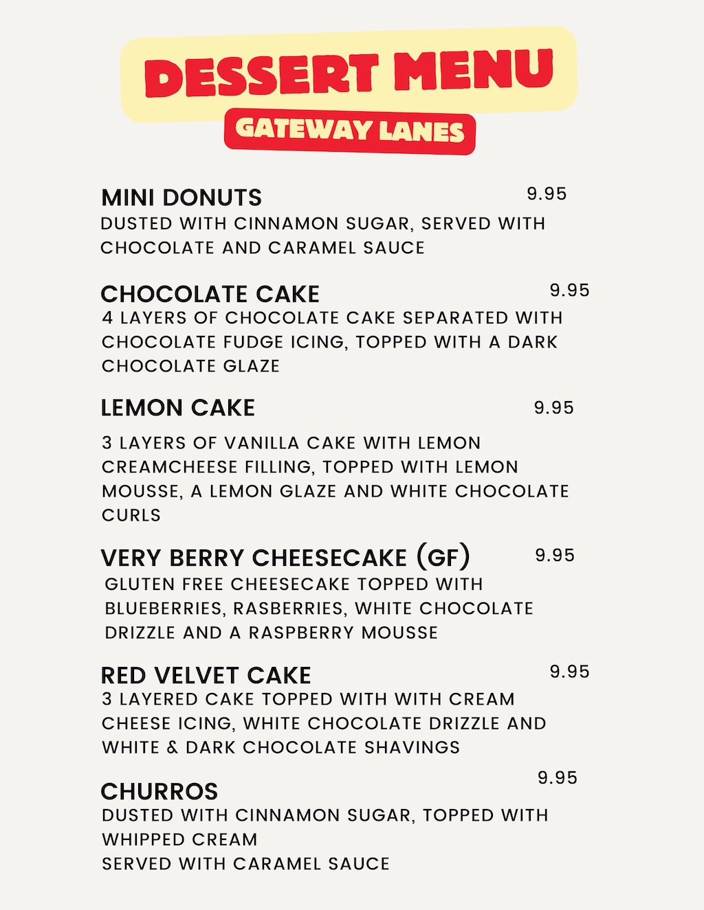Gateway Lanes | Menu
